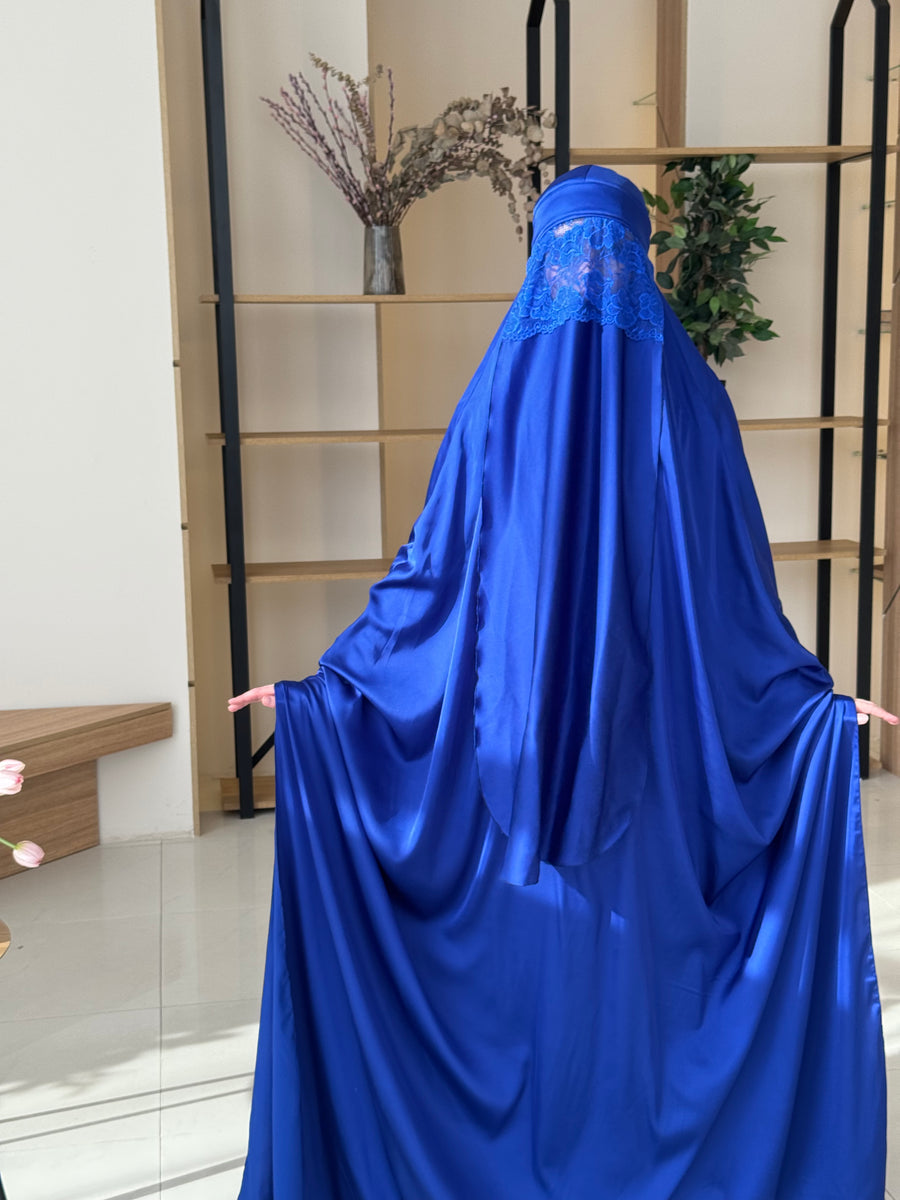 Royal Blue Silk Burqa, Elegant Khimar Cape with niqab and Lace Veil ...