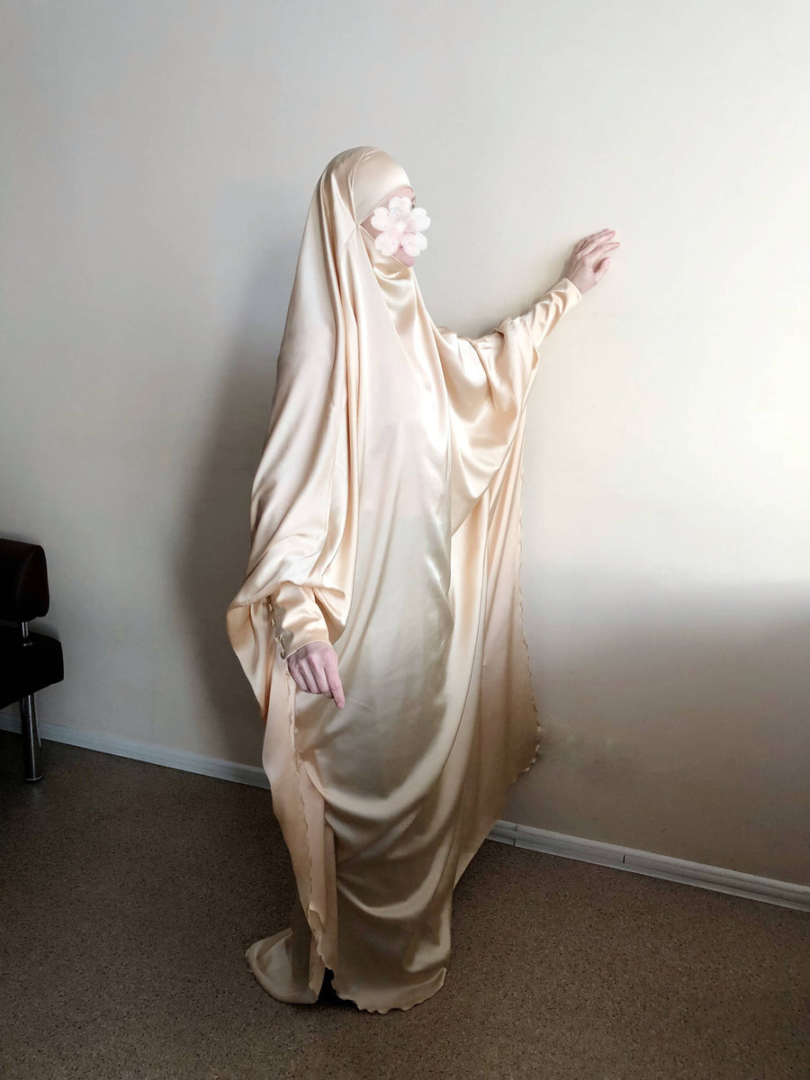 Long gold Silk Khimar, muslim dress, nikkah Burqa, Wedding Abaya, trad ...