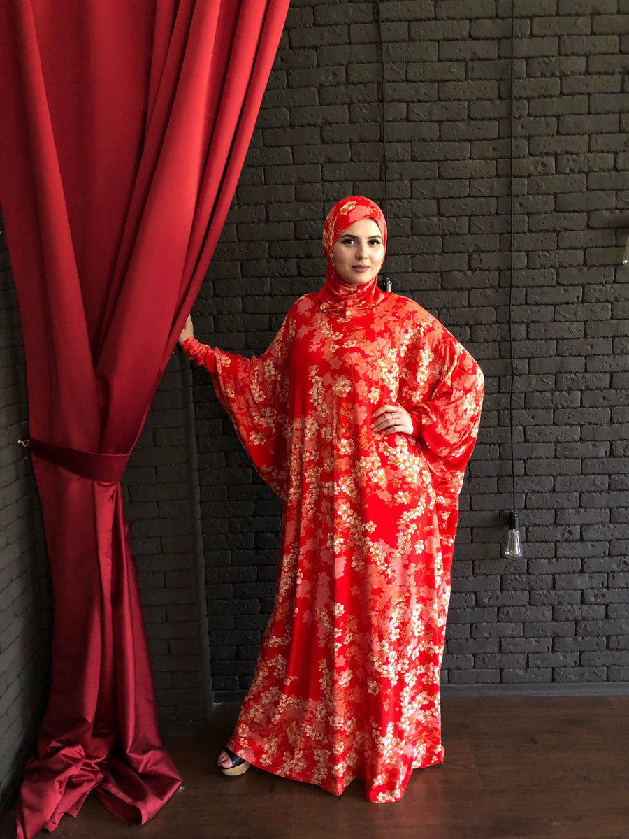 Red prayer dress with hijab, Muslim clothing, islamic gift, abaya, jil ...