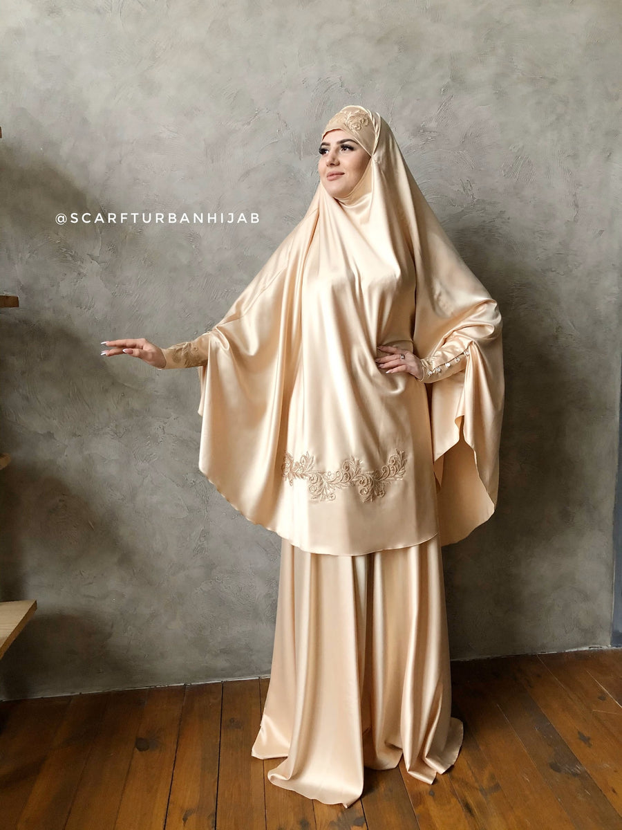 Elegant golden beige silk satin jilbab Muslim suit, wedding khimar, en ...